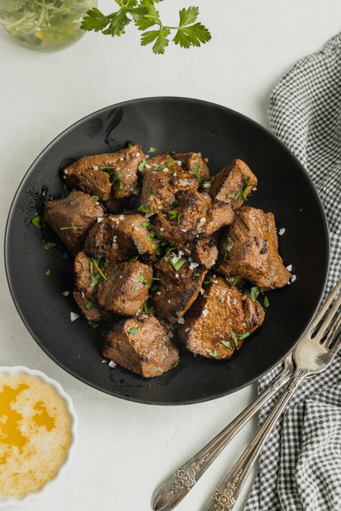 Air Fryer Venison Steak Bites with Garlicky Butter - Midwest Nice